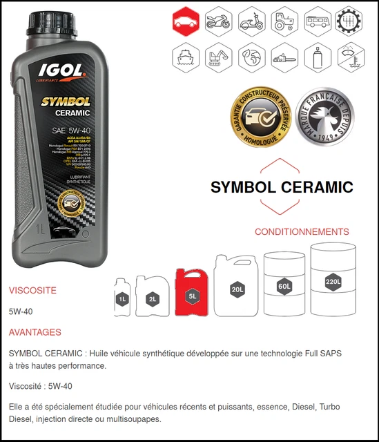 BIDON 5 LITRES Huile Moteur Igol Symbol Ceramic 5W40 PSA B71 2296 EUR ...