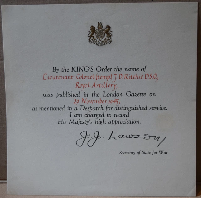 WW2 DOCUMENTS LT Col John D Ritchie RA DSO certificate 2nd Polish Corps ...