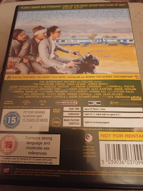 THE DARJEELING LIMITED DVD Adrien Brody, Owen Wilson, Jason Schwartzman ...