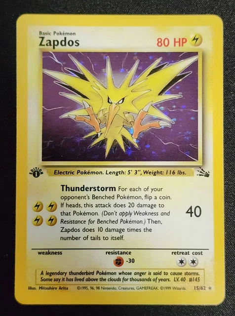 1999 POKEMON FOSSIL First Edition Holo #15/62 Zapdos Near Mint $190.00 ...