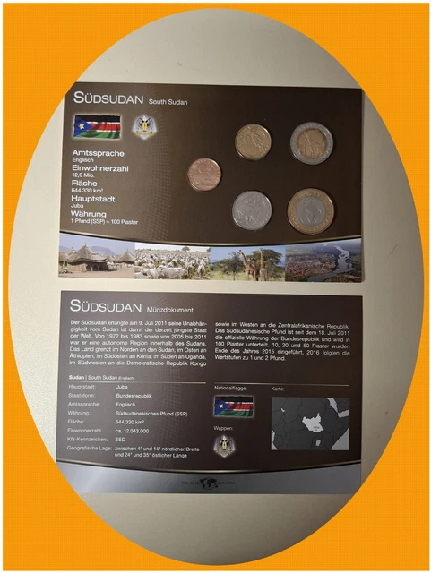 DAS GELD DER WELT Südsudan (Pfund) KMS + Münzdokument 5 Münzen selten ...