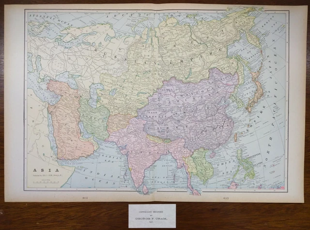 VINTAGE 1901 ASIA Map 22"x14" ~ Old Antique Original CHINA ISRAEL JAPAN ...