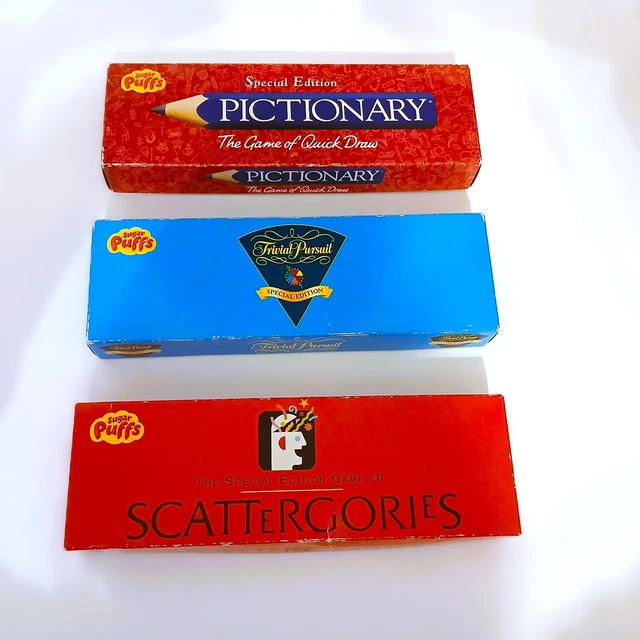 3 SUGAR PUFFS Cereal Games Trival Pursuit Pictionary Scattergories 1997 ...