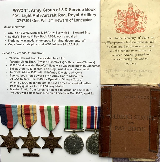 WW2 MEDALS (1ST Army Bar): Heward. 90th Anti Aircraft Reg. Original ...