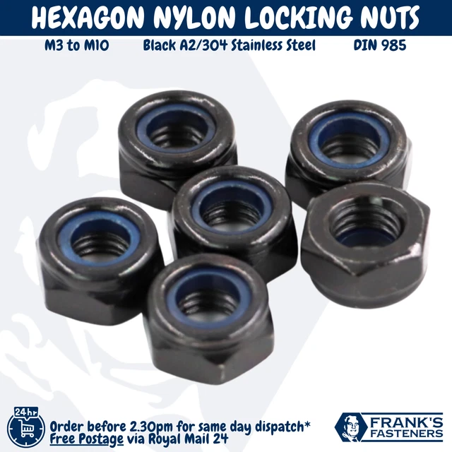 M3 M4 M5 M6 M8 M10 Nyloc Nylon Insert Locking Nuts Black A2 Stainless Din 985 £3.78 - PicClick UK