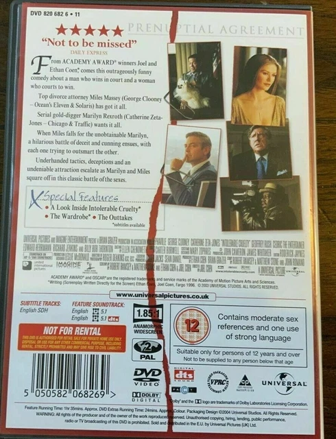 INTOLERABLE CRUELTY GEORGE Clooney Dvd Region 2 Dts Audio Cert 12 2004 ...