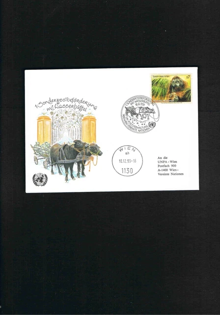 UNO-WIEN-BELEG MI. NR. 287 " 1. Sonderpostbeförderung mit Wasserbüffel ...