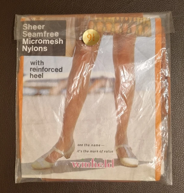 VINTAGE 60'S WINFIELD Sheer Seamfree Micromesh Nylons Size 9.5 Retro ...