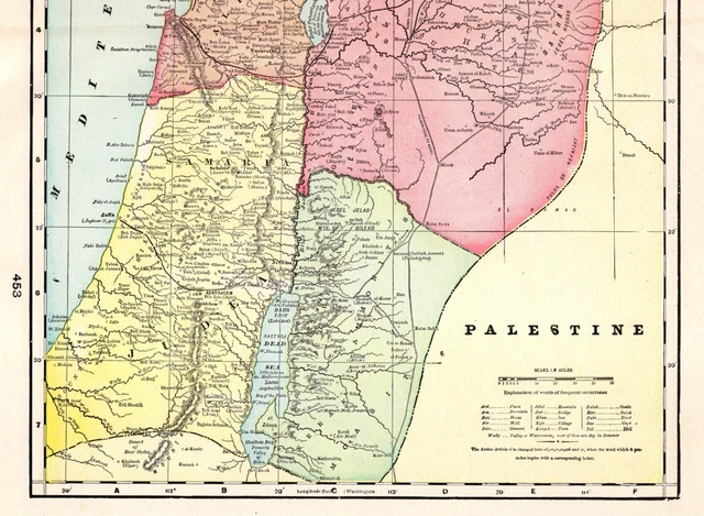1901 ANTIQUE PALESTINE Map George Cram Atlas Map of Palestine Wall ...
