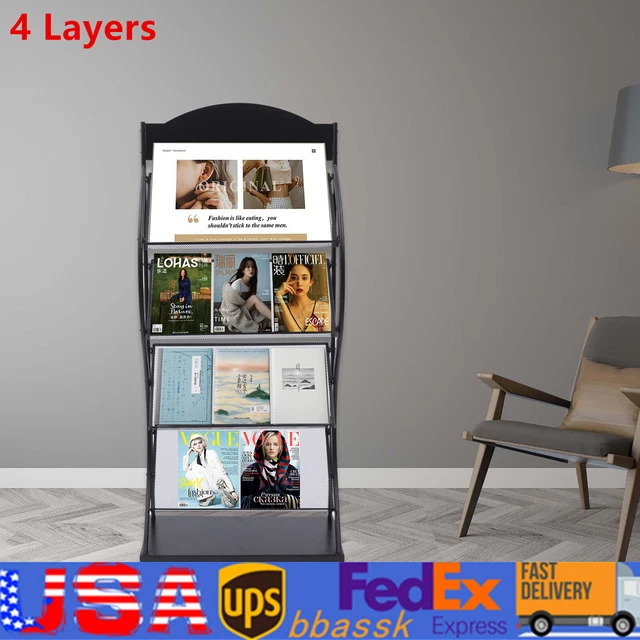 4 LAYERS NEWSPAPER Magazine Display Rack Book Shelf Floor-Standing ...