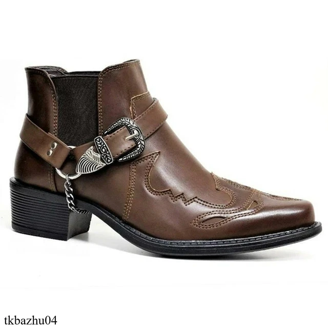 MENS COWBOY BOOTS Western Slip On Cuban Heel Ankle Harness Riding Biker ...