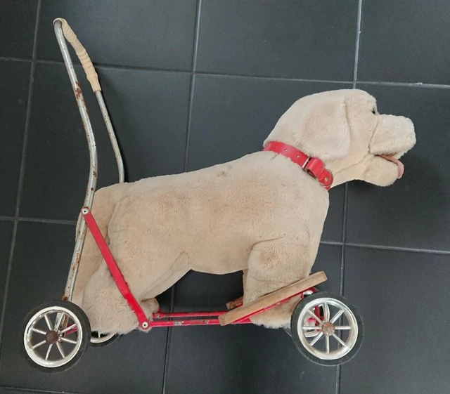 ANTIQUE VINTAGE 1960S Toy Dog On Wheels Push Along/Ride On Walker with ...