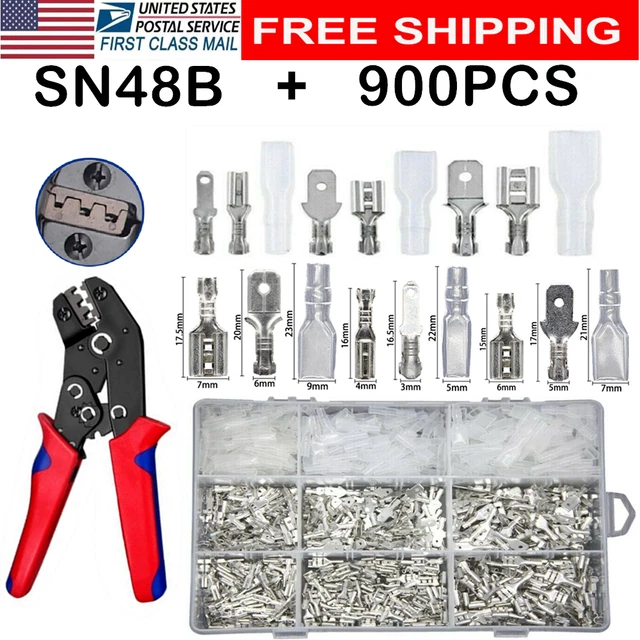 900PCS SPADE TERMINAL Wire Crimp Connectors Set Kit SN-48B Crimping ...