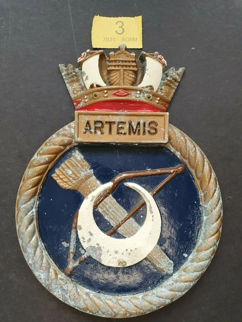 VINTAGE HMS ARTEMIS LARGE METAL SHIPS CREST....ORIGINAL... 9 x 7 in ...