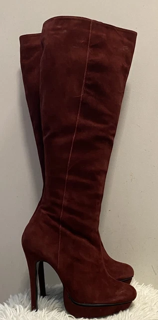 OFFICE BURGUNDY REAL Suede Platform Sole Killer Heels Knee High Boots ...