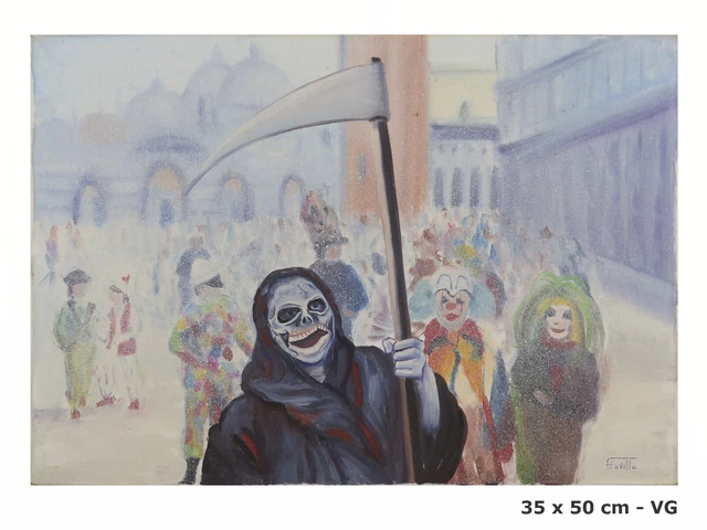 TABLEAU HUILE MORT Au Carnaval De Venezia Crâne Peinture Sur Tela Signé ...