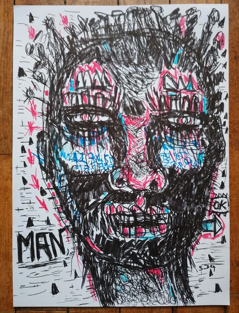 TABLEAU PORTRAIT VISAGE bizarre étrange Homme No Basquiat 21x29cm ...