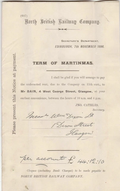 NORTH BRITISH RAILWAY Company Edinburgh 1896 Invoice Receipt-Folded Ref ...