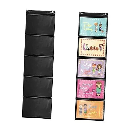 POCKET CHART FOR Classroom Cards,Drawing,Pictures,Class 5 Pockets Black ...