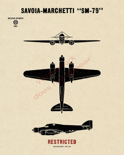 WWII ITALIAN SAVOIA-MARCHETTI SM.79 Bomber Aircraft Recognition Poster ...