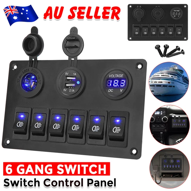 6 GANG 12V Switch Panel Control Rocker On-Off Toggle Dual USB Car Boat ...