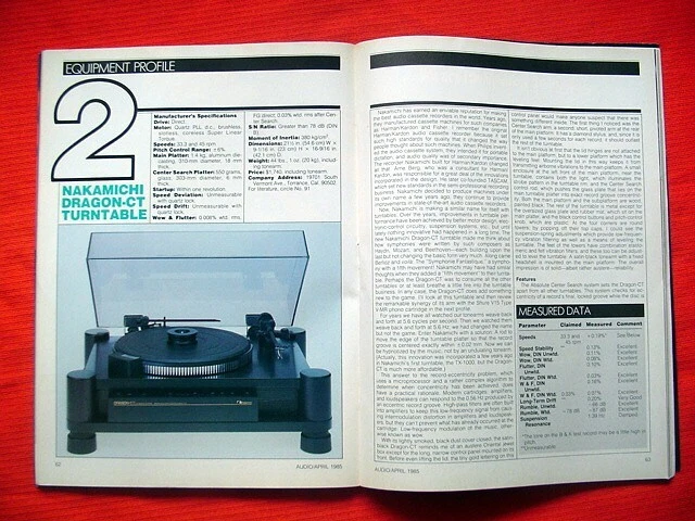 NAKAMICHI DRAGON-CT TURNTABLE test review "Audio" magazine 1985 £2.67 ...
