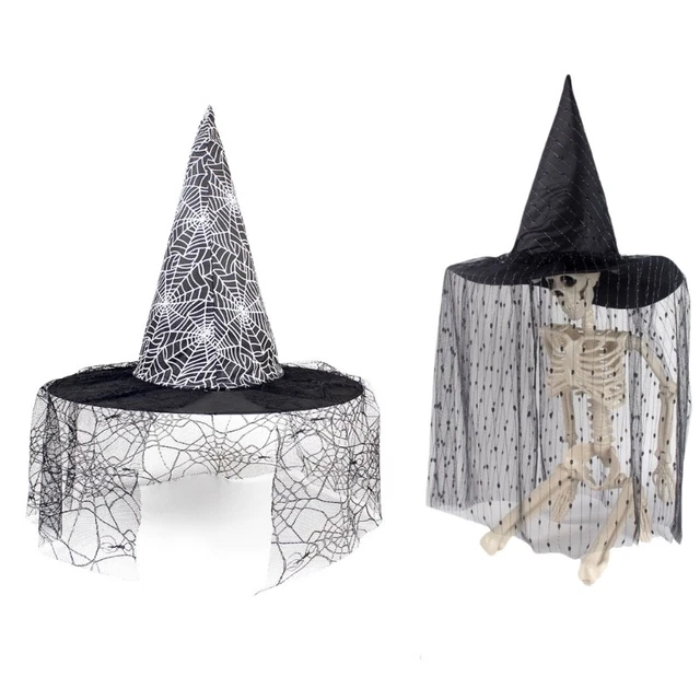HALLOWEEN PARTY RETRO Witch Hats Glitter Veil Tulle Pointed Hat ...