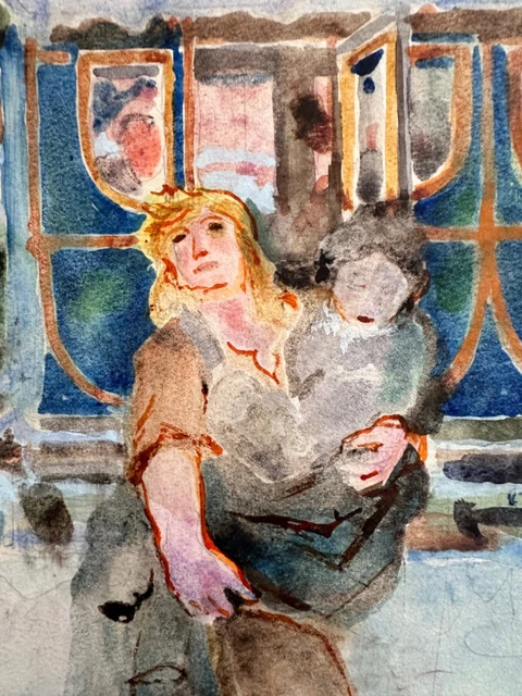 ANCIEN DESSIN FEMME et enfant train Bleu illustration Jean Terles Art ...