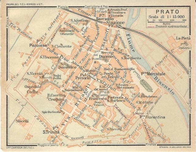 CARTA GEOGRAFICA ANTICA PRATO Pianta della città 1916 Old antique map ...
