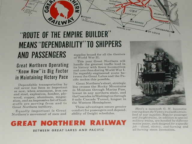 1943 GREAT NORTHERN Railway advertisement, route map, 2024 2-8-8-0 ...