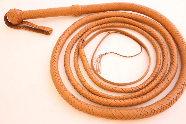 8 FEET GENUINE Leather BullWhip, 12 Plaited, Tan Brown, Heavy Duty Bull ...