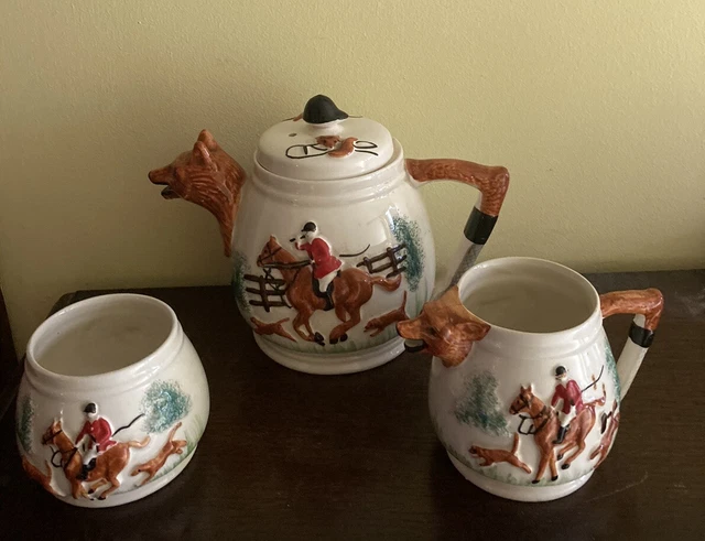PORTLAND POTTERY FOX Hunting Scene Tea Set 1946. Teapot , Sugar Bowl ...