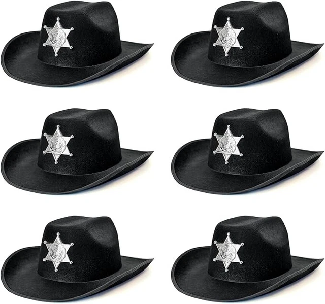 6 X CHILD Black Cowboy Sheriff Hat Wild Western Fancy Dress Party ...