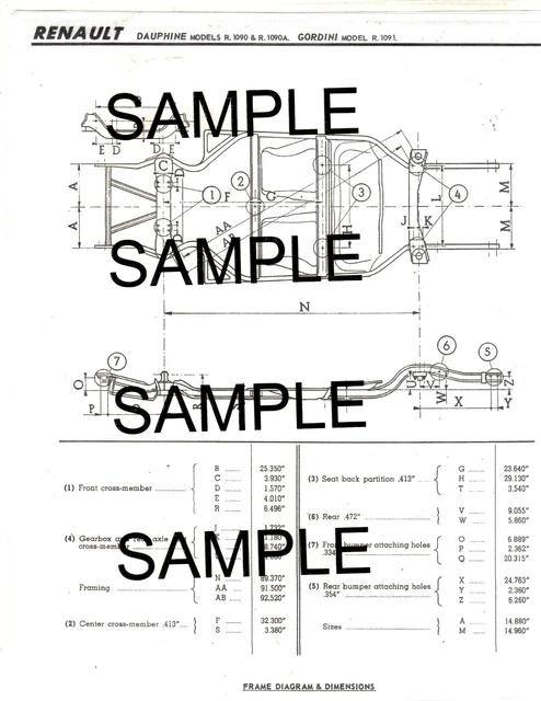 RENAULT DAUPHINE GORDINI Frame Dimension Diagram Chart Mofre EUR 12,63 ...