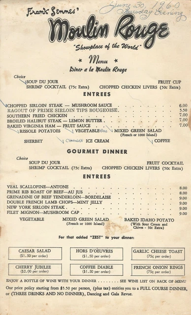 VINTAGE MOULIN ROUGE Restaurant Menu Frank Semmes' 1960 £29.00 ...