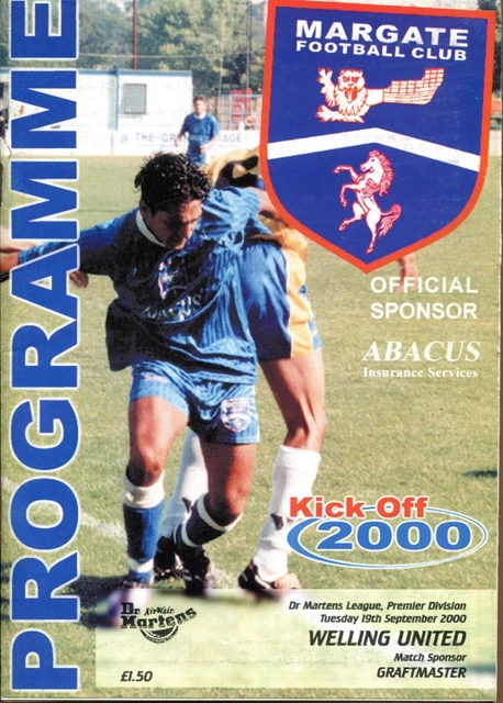 MARGATE V WELLING United 19/09/00 Southern League Premier £1.75 ...