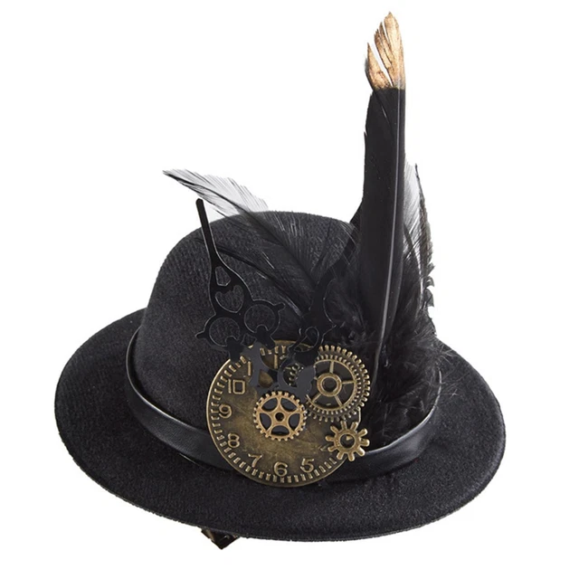 FELT STEAMPUNK TOP Hat Metal with Feather Head Wear Gothic Rivet Wide ...
