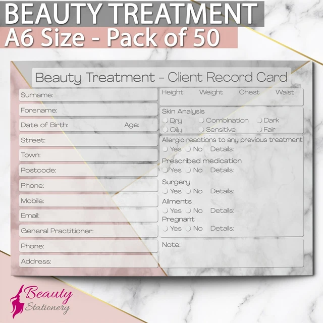 BEAUTY CLIENT RECORD Card Consultation Form Beauty Salon Therapists A6 ...
