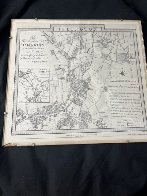 VINTAGE PRINT OF Wall Map of ISLINGTON By Edward & Benjamin BAKER Glass ...