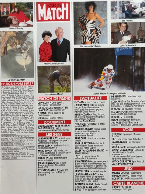 MAGAZINE PARIS MATCH N° 2023 du 4 Mars 1988 GISCARD Franck PICARD Voir sommaire EUR 5,00 ...