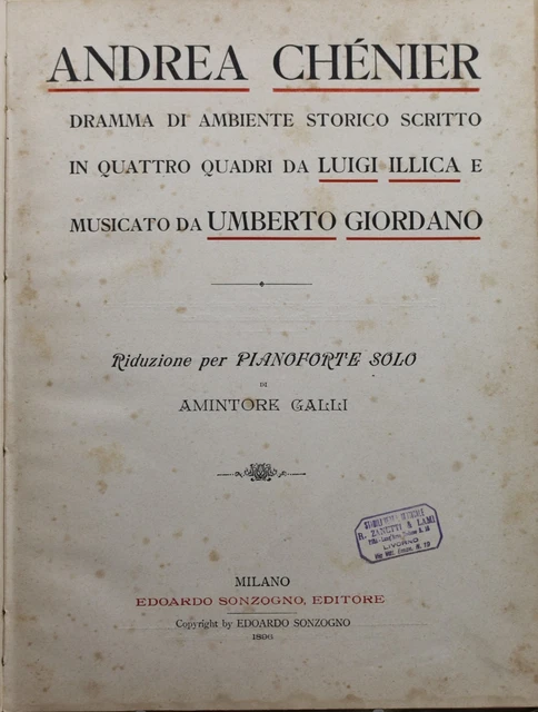 SPARTITO ANDREA CHENIER Giordano Riduzione Pianoforte Solo Sonzogno ...