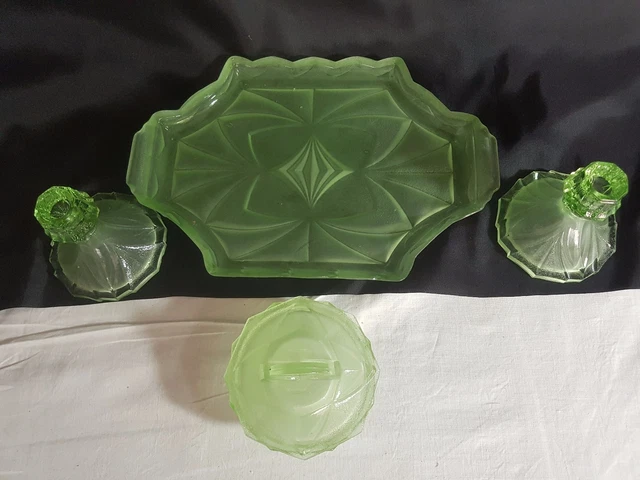 VINTAGE FROSTED GREEN Glass 4 Piece Dressing Table Set Art Deco Design ...