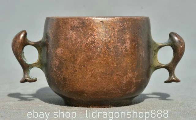 4& MARKED OLD Chinese Bronze Dynasty Double Ear Handle Cup Bowl Statue ...