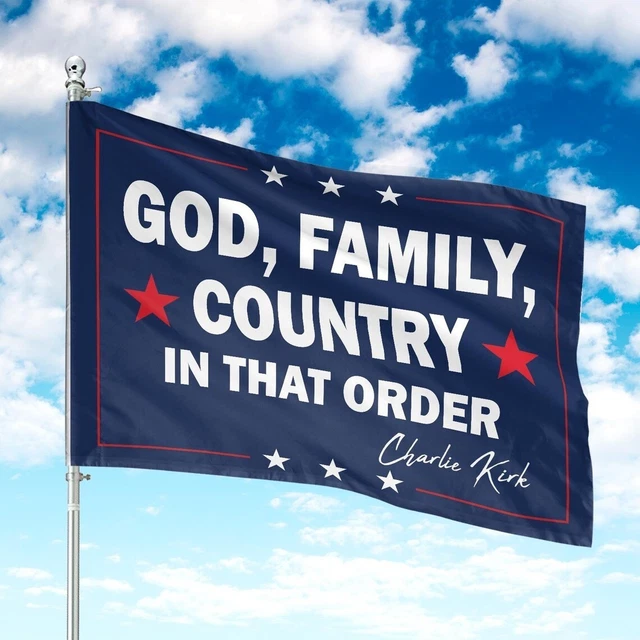 GOD FAMILY COUNTRY Charlie Kirk Grommet House Flag, Patriotic Turning ...