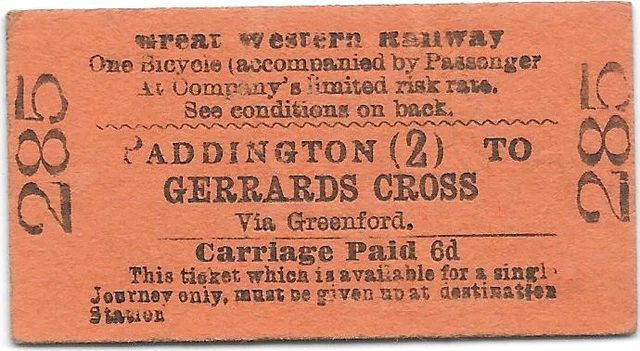 GWR RAILWAY TICKET (Pre-grouping) : Paddington to Gerrards Cross bike ...