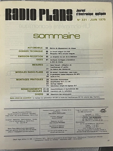 ANCIENNE REVUE RADIO Plans N° 331 Juin 1975 Amplificateur Bf 2X3 W ...