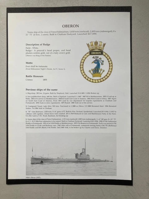 NAVAL PRINT-HMS OBERON Submarine -Naval Badge & Battle Honours £2.54 ...