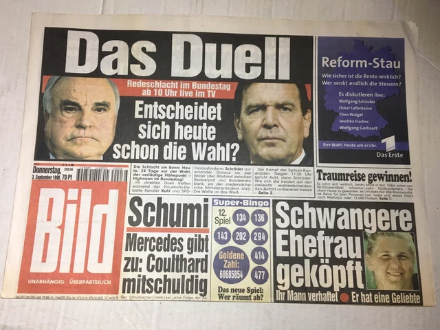BILD ZEITUNG, 03. September 1998, Bild Zeitung, 03.09.1998, EUR 24,99 ...