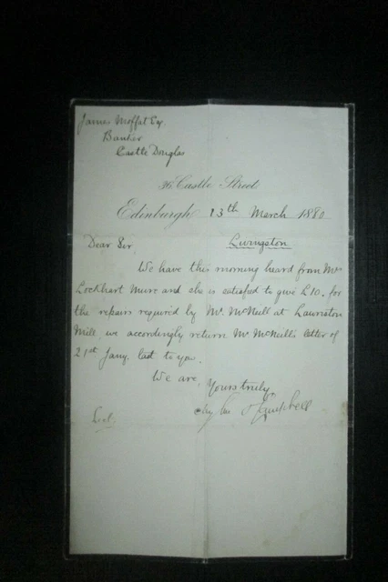1880 LETTER TO James Moffatt Castle Douglas Regarding Launston Mill ...