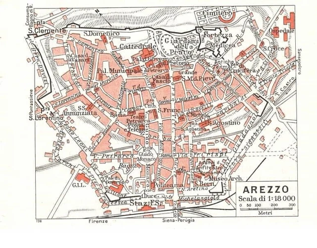 CARTA GEOGRAFICA ANTICA AREZZO minuscola pianta della città TCI 1939 ...